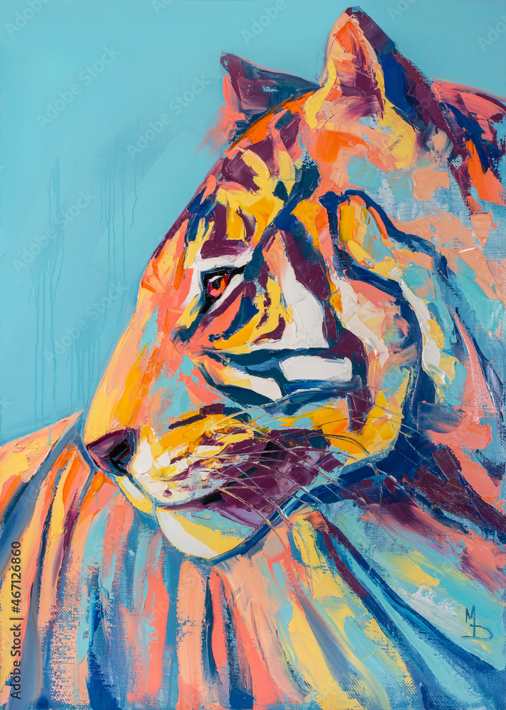 Beautiful wild tiger head portrait painting Illustration on a blue ...