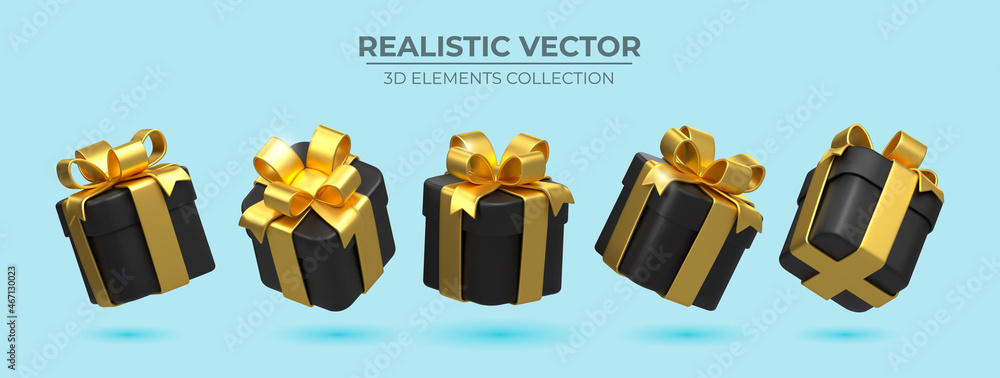 Set of Realistic 3d black gift box with golden ribbons isolated on a ...