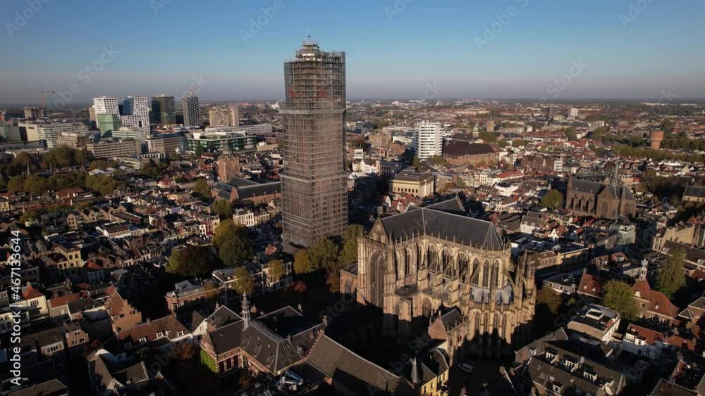 De Dom medieval cathedral tower in scaffolding in Dutch city center of ...