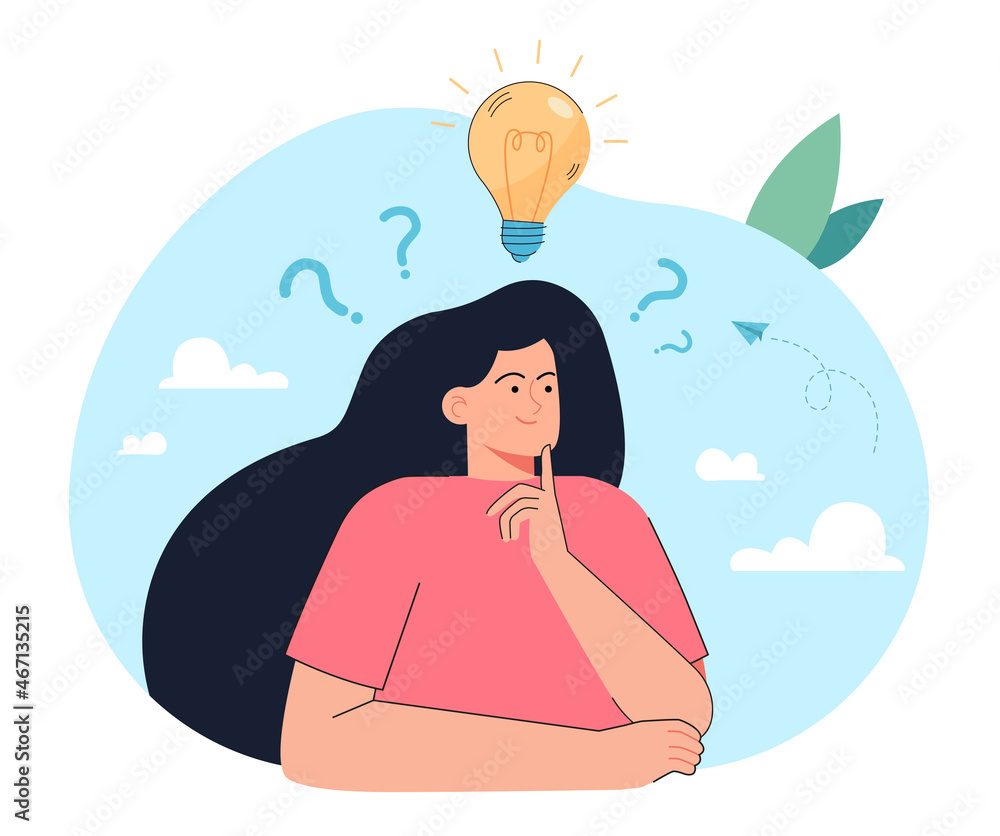 Woman thinking with bright light bulb, question mark overhead. Girl with wondering face solving ...