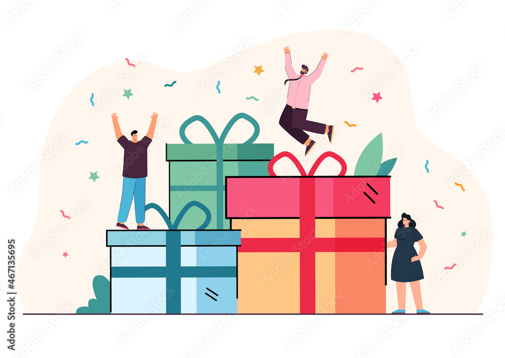 Happy tiny customers with reward, prizes for good job or gifts. Winners ...