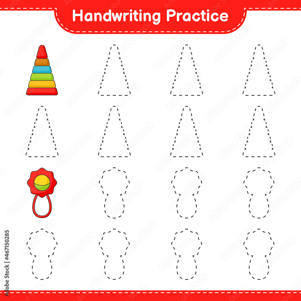 Handwriting practice. Tracing lines of Pyramid Toy and Baby Rattle ...