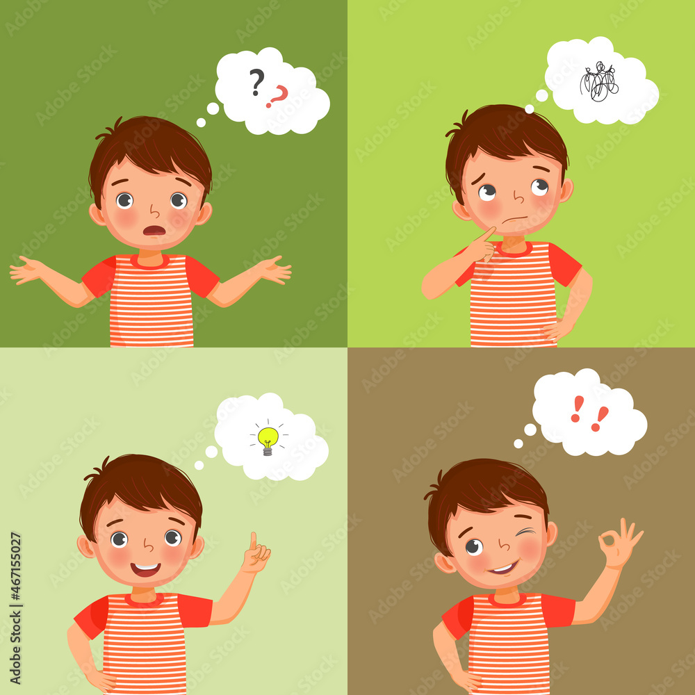 Set of vector of little boy with different thinking process from asking ...