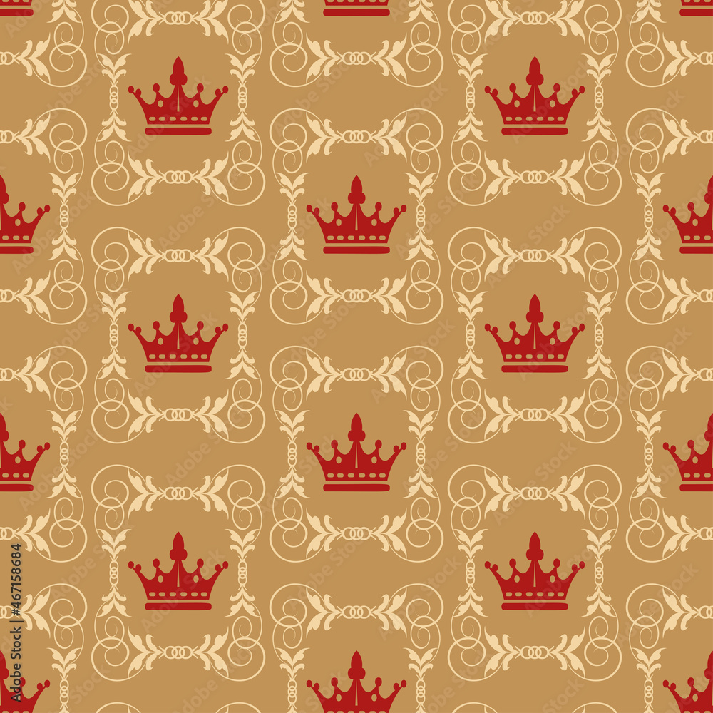 Royal background pattern with burgundy crowns on gold background ...