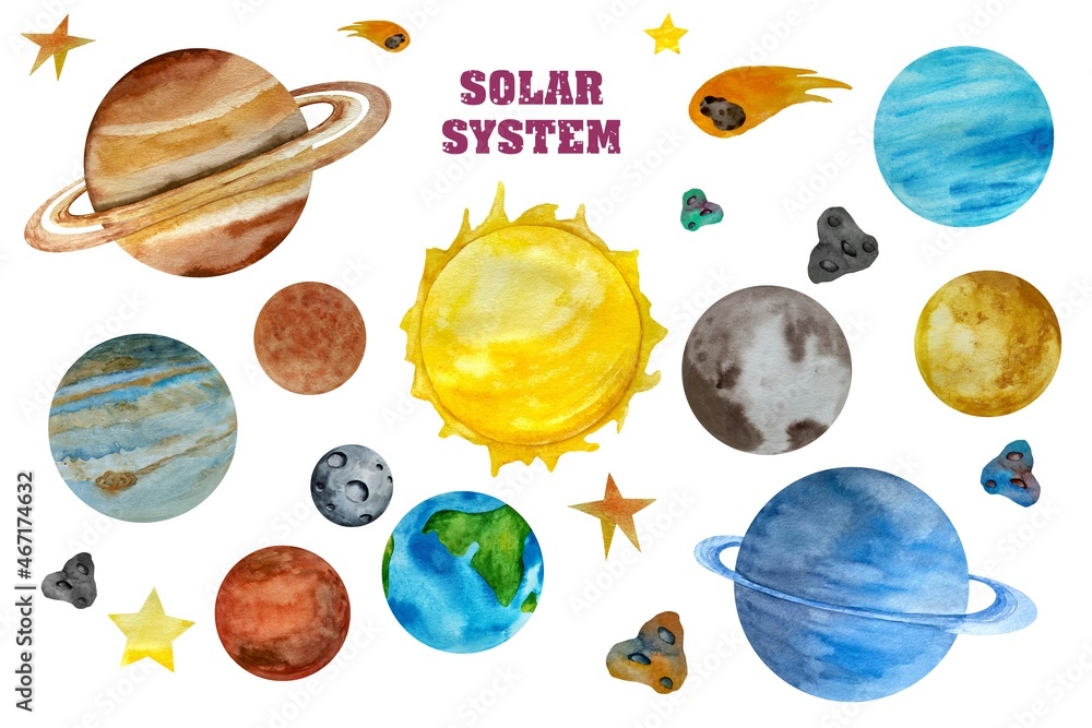 Watercolor Space Clipart, Solar System Planets, Space Earth Moon ...
