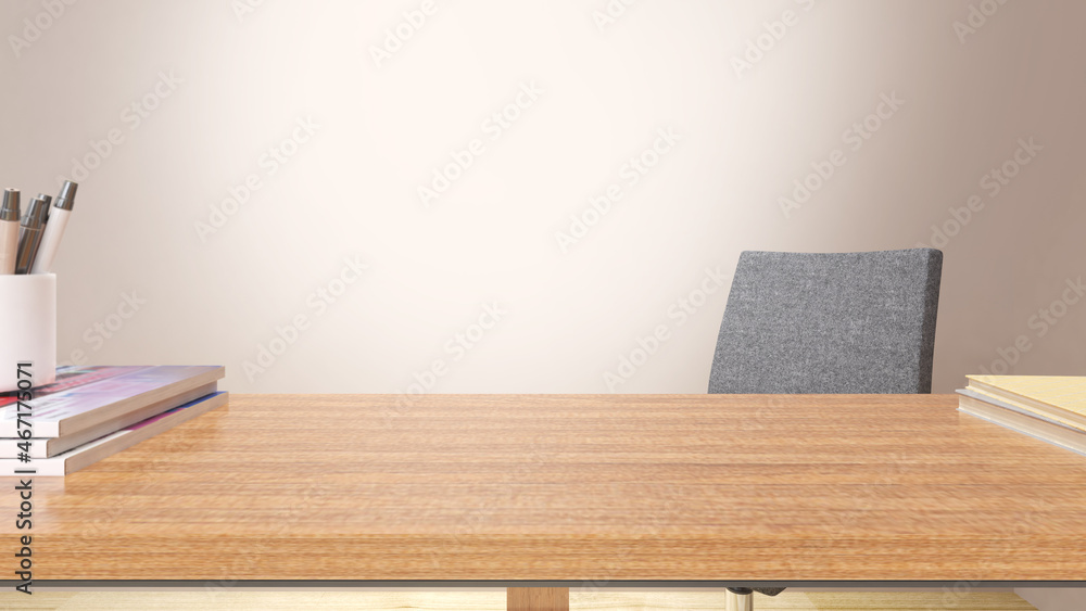 Wood grain desk on a light brown background with an office chair and ...