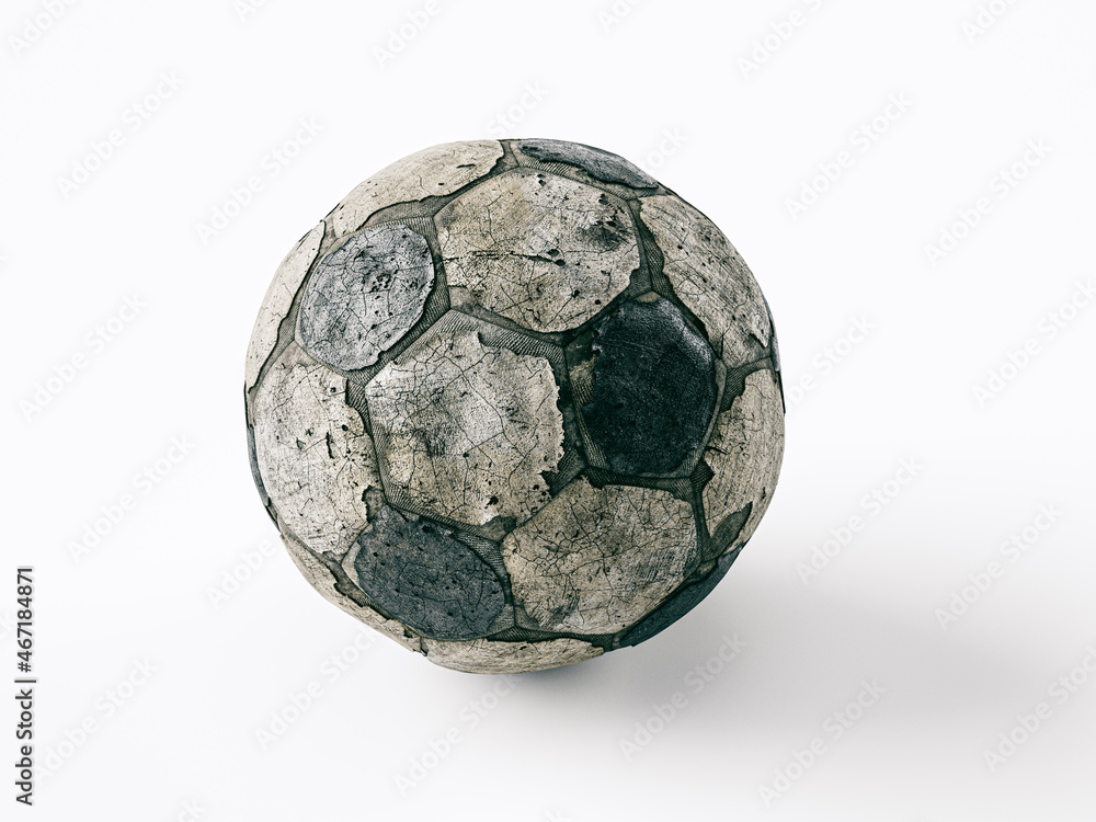 Old, torn, dirty and damaged soccer or football ball isolated on white ...
