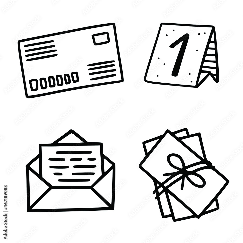 Envelopes and letters doodles. Drawings in the style of naive sketches ...