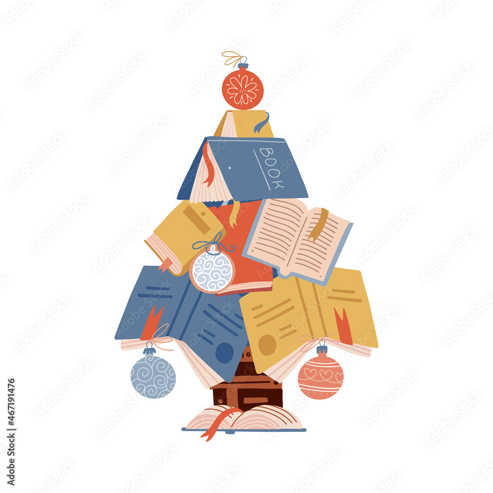 Christmas tree made of colorful books Decorated with xmas glass balls ...