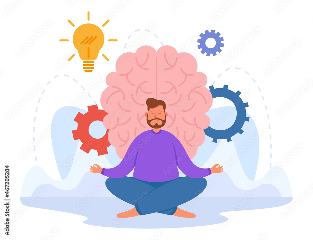 Relaxed man meditating in yoga pose flat vector illustration ...