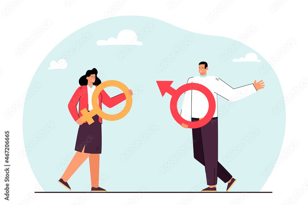 Cartoon couple holding male and female symbols. Man and woman with ...