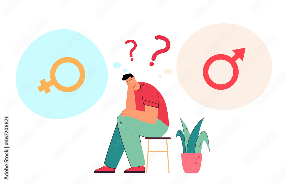 Vetor de Cartoon man thinking about male and female symbols. Person ...