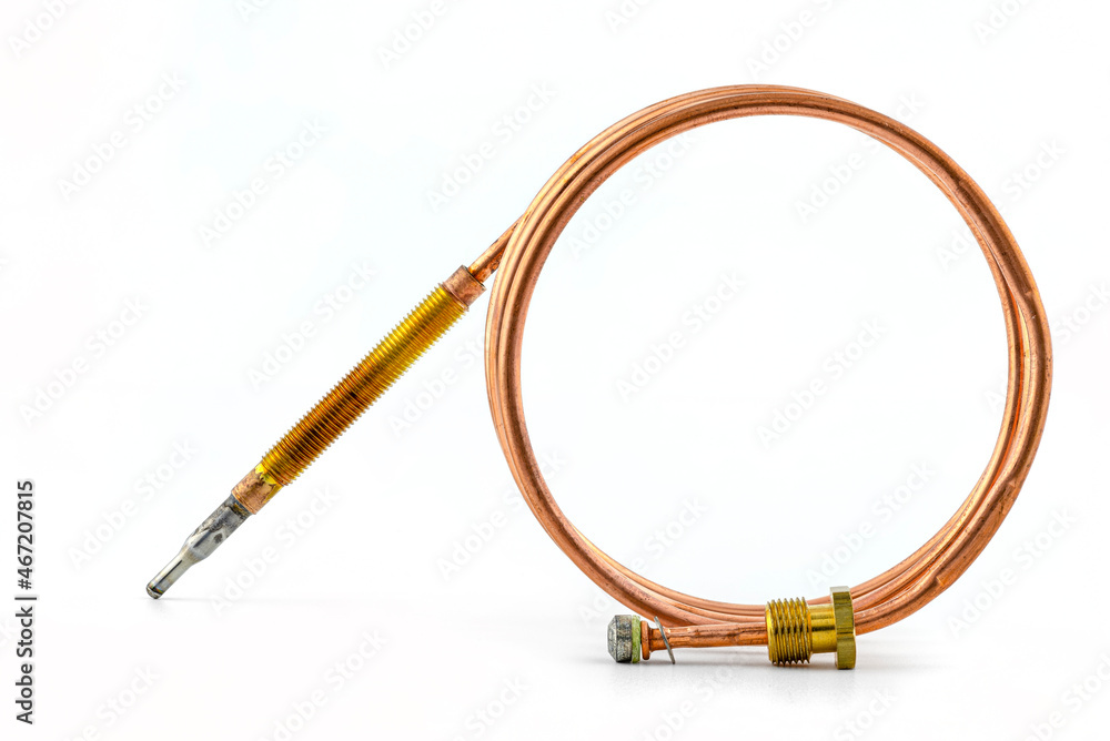 Macro photo of a temperature probe made of copper in the shape of a ...