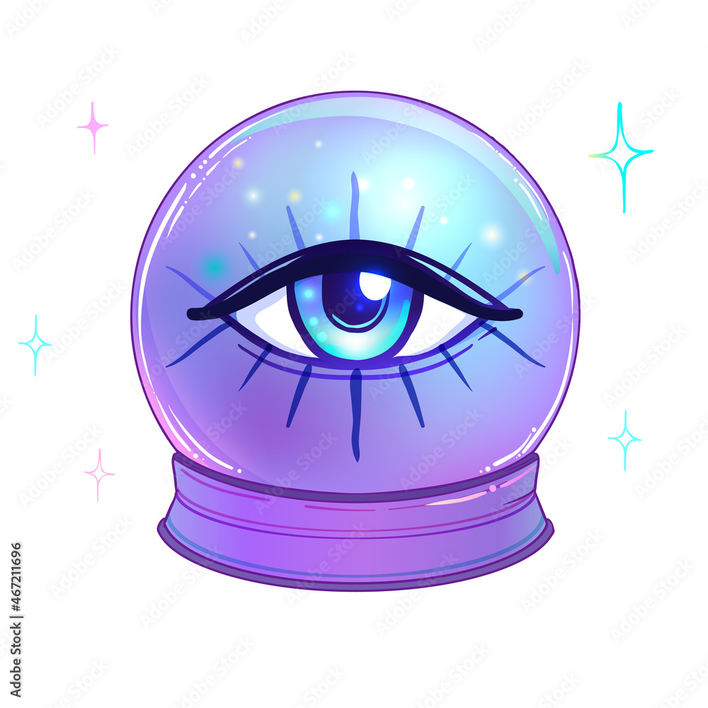 Blue crystal Ball with with all seeing eye inside isolated on white ...