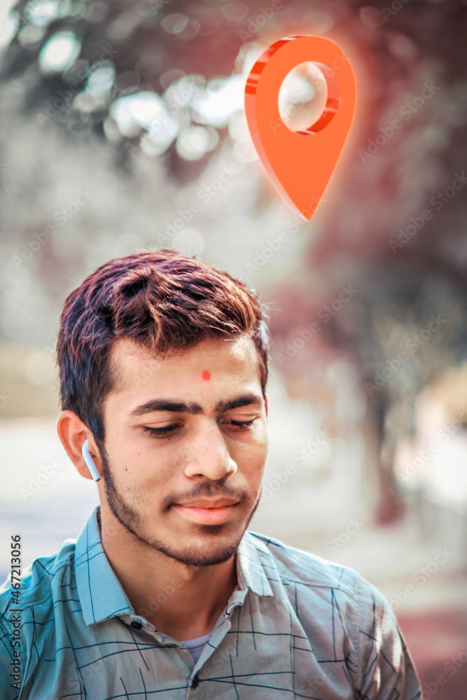 Graphic of young man standing outdoor with location symbol Stock Photo ...