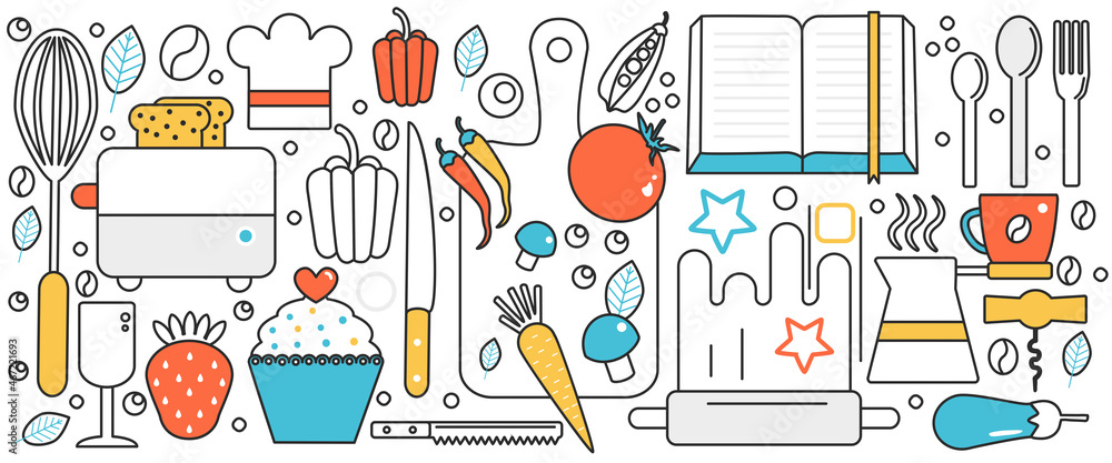 Cooking ingredients, recipe book and kitchen utensils vector ...