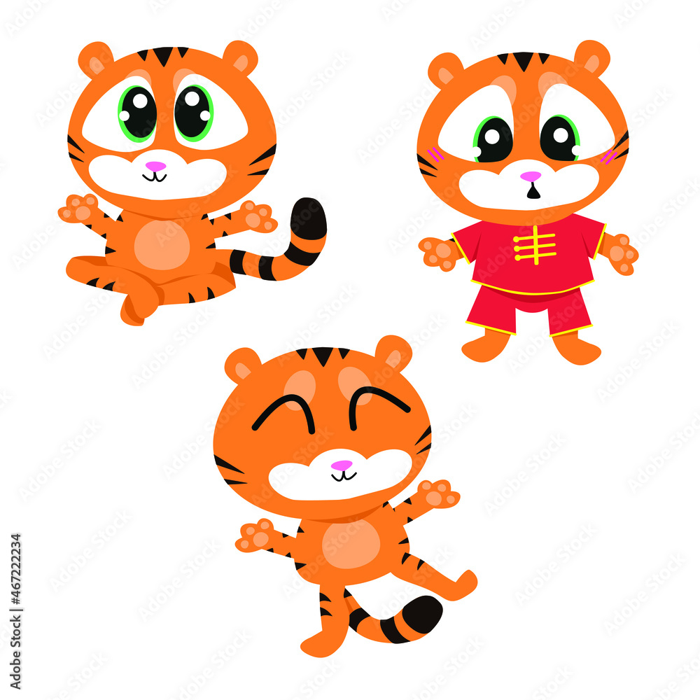 Several cute tiger cubs on a white background. The tiger cub is sitting ...