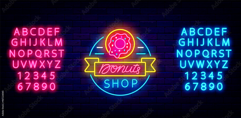 Donuts shop neon sign. Emblem for bakery with alphabet. Sweet bar ...