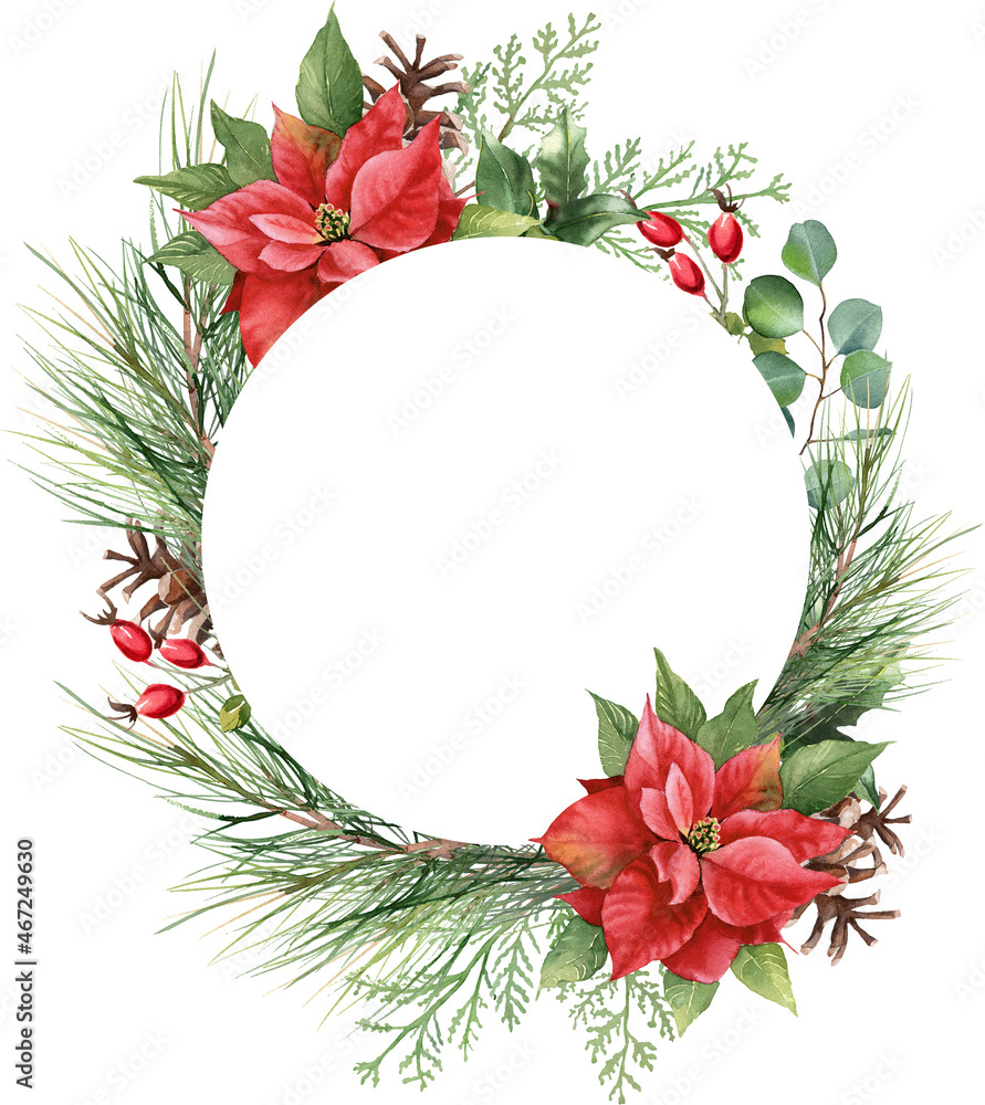 Christmas floral frame. Watercolor winter border for greeting card and ...