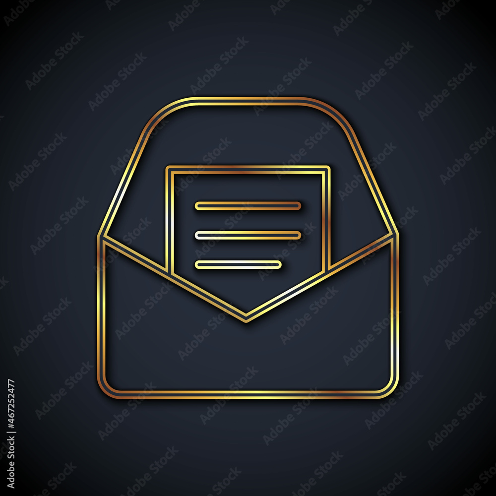 Gold line Mail and e-mail icon isolated on black background. Envelope ...