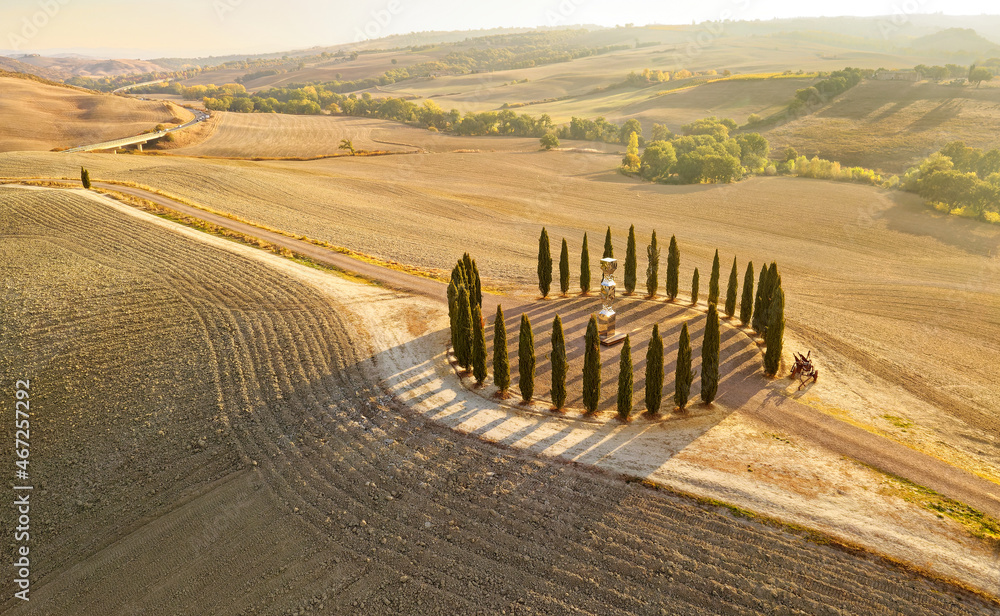 Aerial view of the beautiful hills of the Val d'Orcia in Tuscany with ...