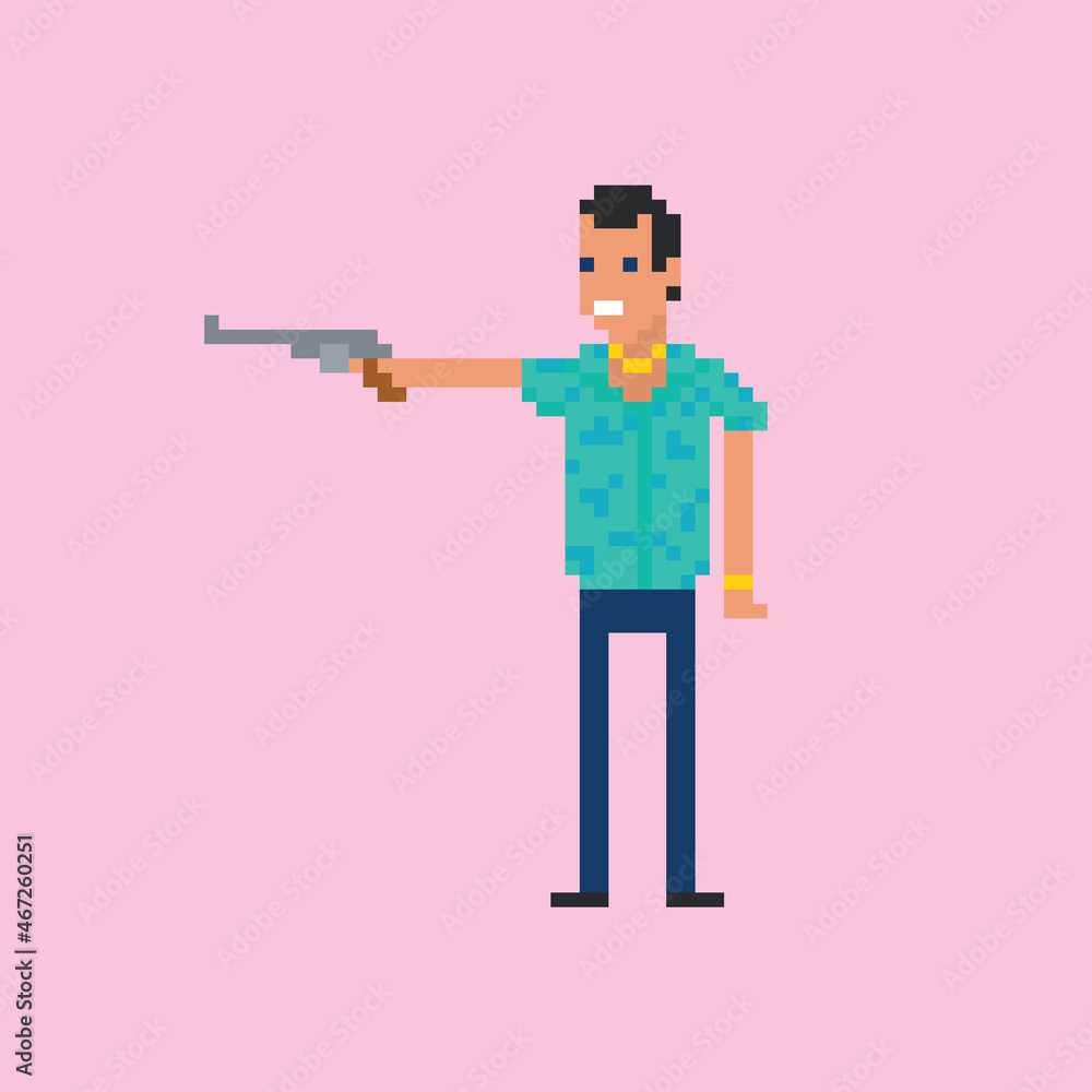Gangster criminal character. Man pointing revolver gun wearing hawaiian ...