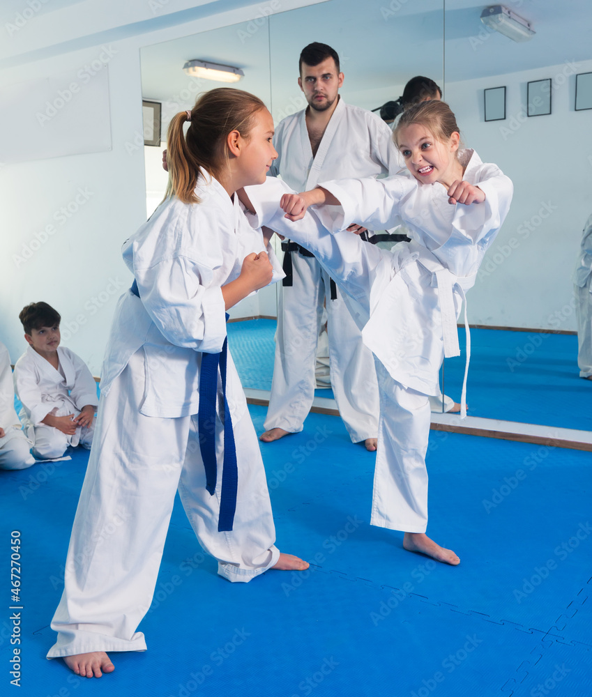 Young girls sparring in pair to use new karate techniques during class ...