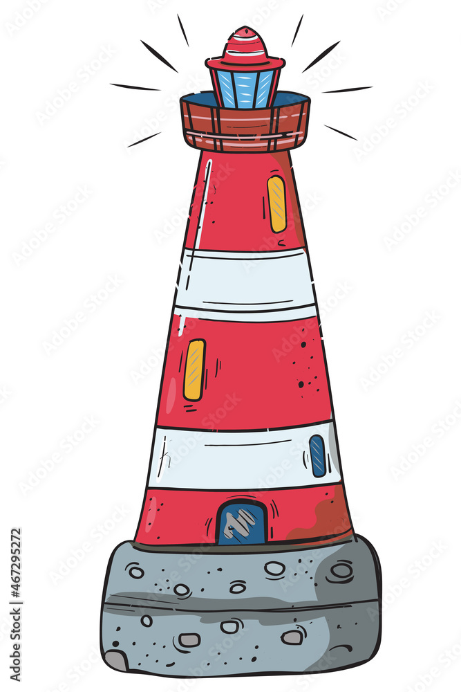 Cartoon Lighthouse, illustration Red and white Sea Tower Construction ...