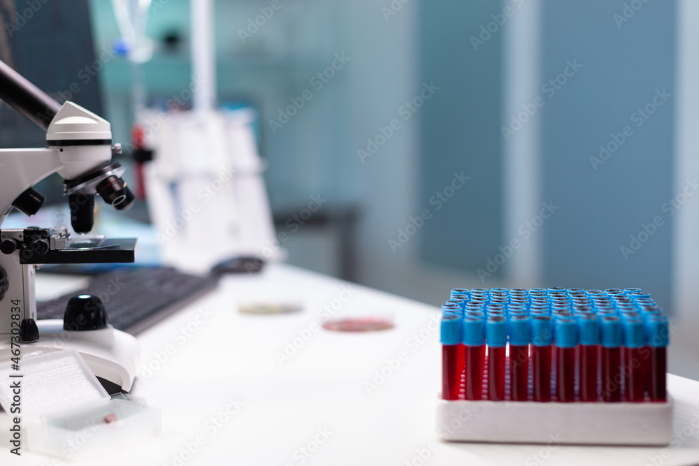 Close up of laboratory desk with professional research equipment. Tray ...