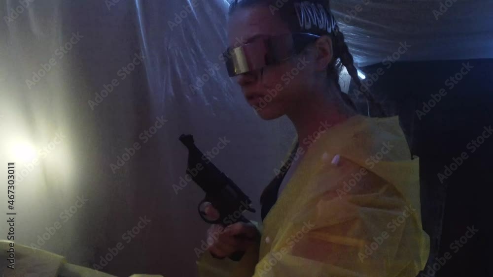 Cyberpunk future. Female bionic cyborg girl with revolver pistol gun ...