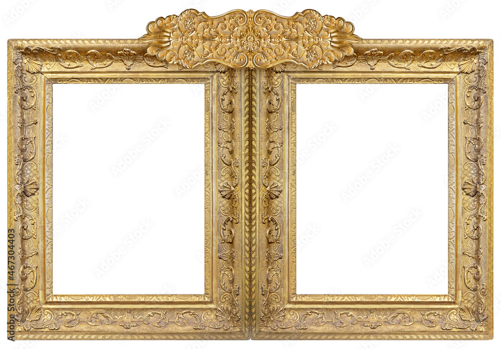 Double golden frame (diptych) for paintings, mirrors or photos isolated ...