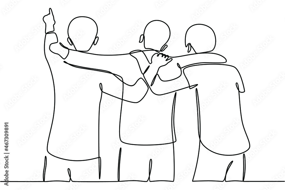 Continuous line drawing a group of men standing together showing their ...
