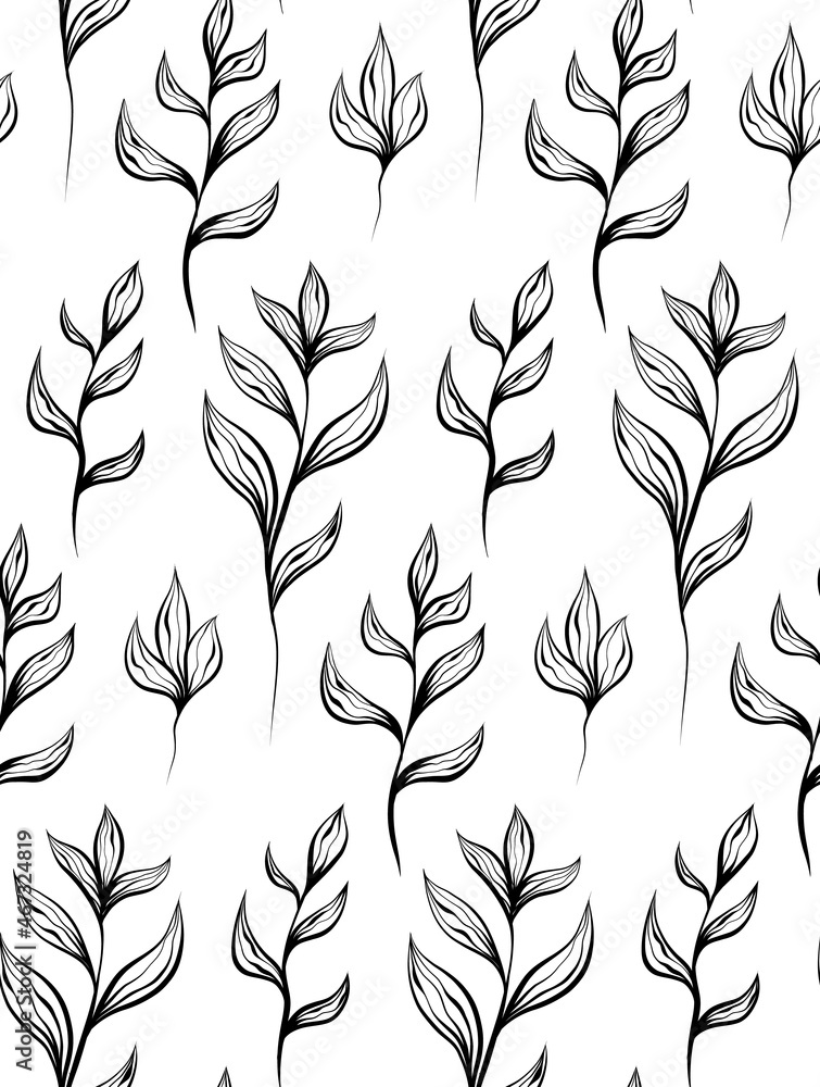 Seamless monochrome pattern with ink sketches of stems with foliage on ...