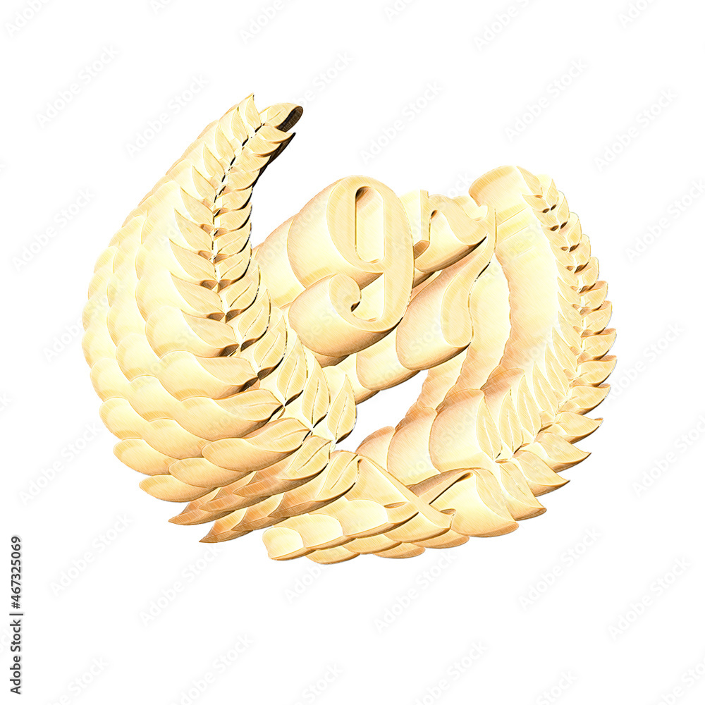 Zahl 97 mit Lorbeerkranz, Ehrenkranz, Siegerkranz als 3D-Illustration ...