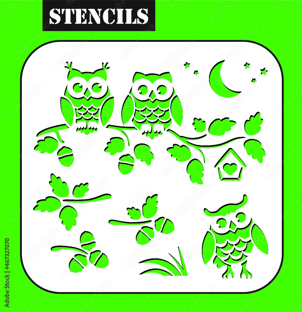 Stencil. Owls sitting on the oak branch. Set oak branches with leaves ...