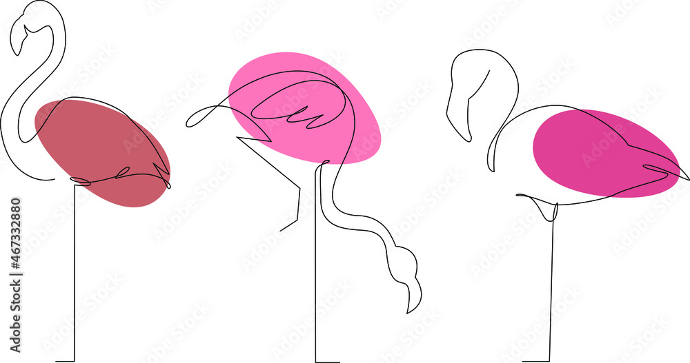 Flamingo one line drawing with colored shapes. Tropical birds set Stock ...