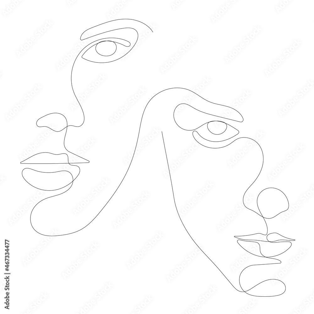Continuous line drawing of couple faces - two, man and woman minimalist ...