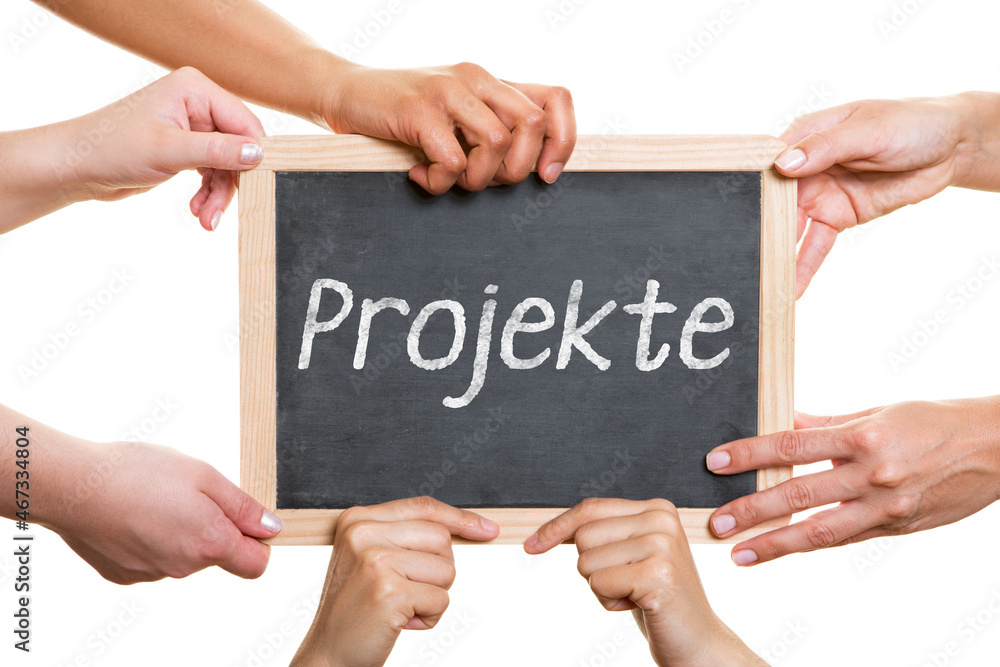 Viele Hände halten Tafel mit Schriftzug „Projekte“ Stock Photo | Adobe ...