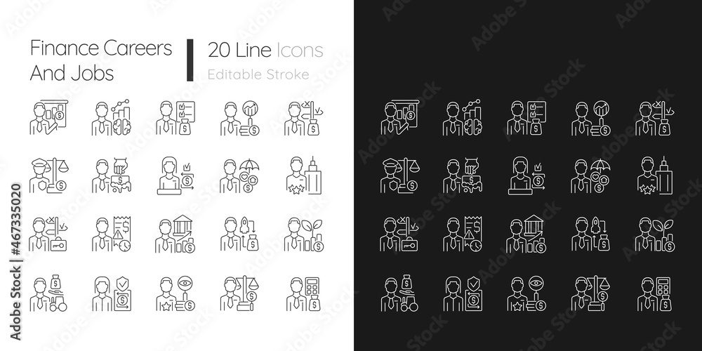Finance careers and jobs linear icons set for dark and light mode ...