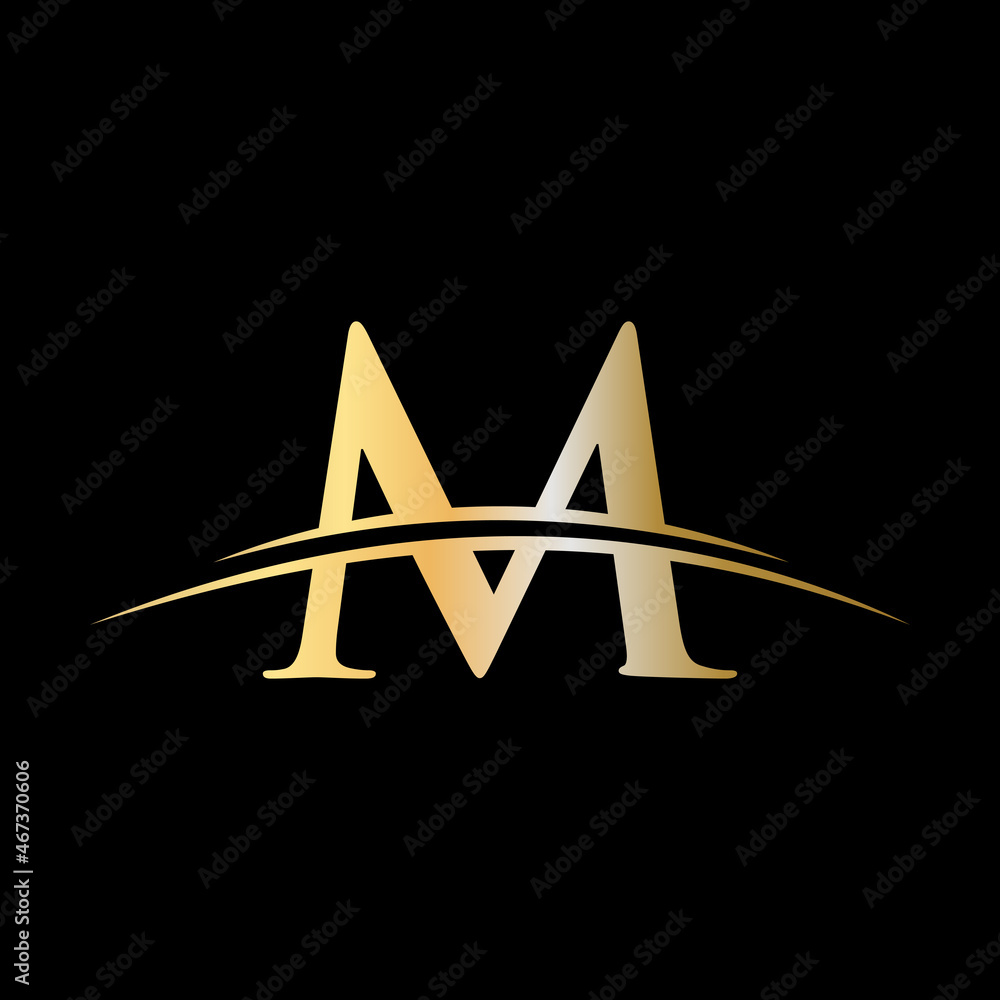 Initial letter M logotype company name colored gold swoosh design for ...