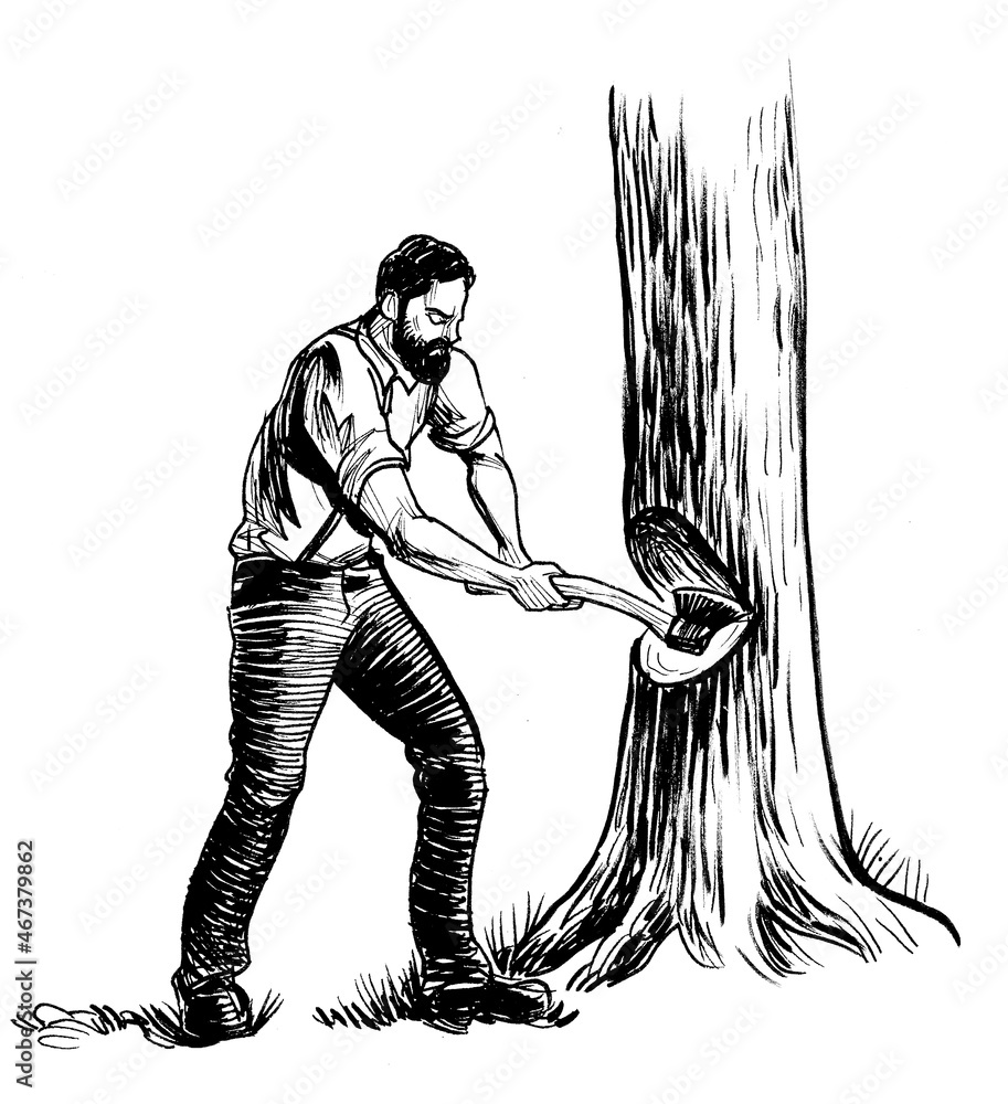 Canadian lumberjack cutting tree with an axe. Ink black and white ...