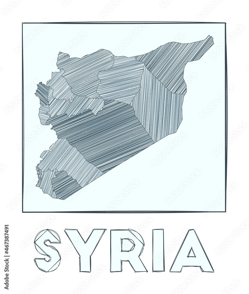 Sketch map of Syria. Grayscale hand drawn map of the country. Filled ...