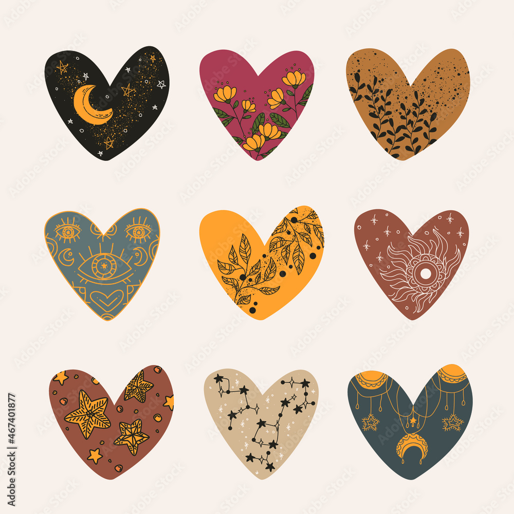 Vector hand drawn magic hearts collection with celestial and Mystery ...