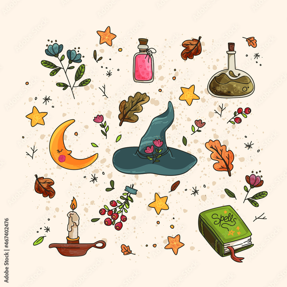 Autumn Set With The Attributes Of A Witch Magical Things Love Potions Witchs Hat Spellbook