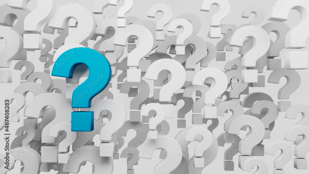 3D render of question mark with backdrop of white questions marks on ...