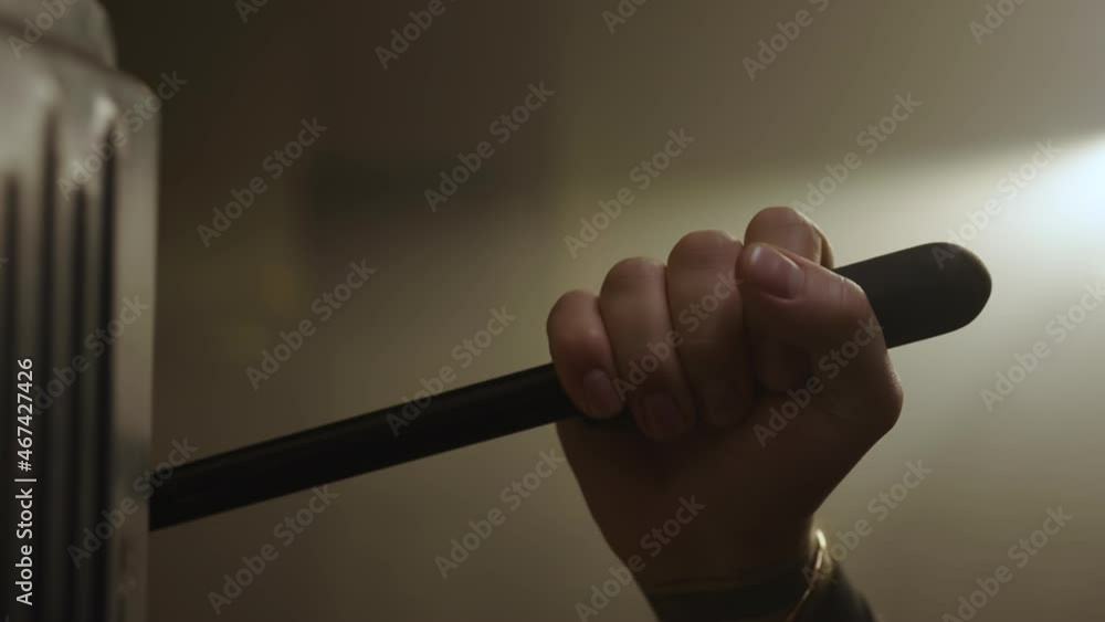 The handle generator switch at an industrial plant. A man's hand turns ...