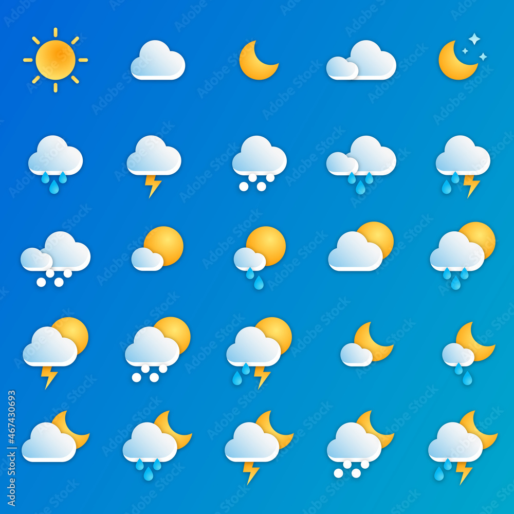 Weather modern icons set. Forecast weather app symbols. Sun, rain ...