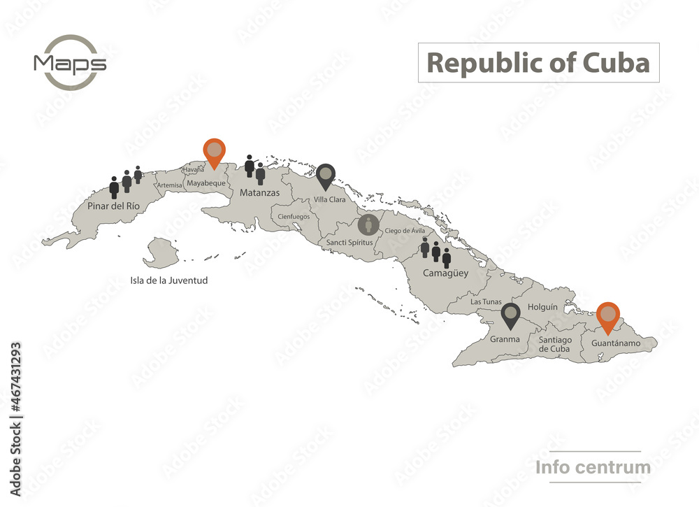 Cuba map, individual regions with names, Infographics and icons vector ...