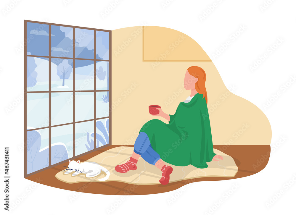 Cozy mood at home 2D vector isolated illustration. Woman sitting with ...