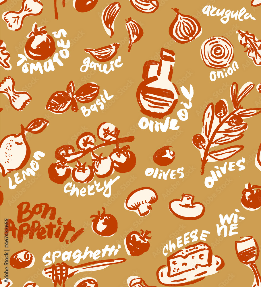Italian Food Vector Seamless Pattern. Hand Drawn with a Brush Cooking ...